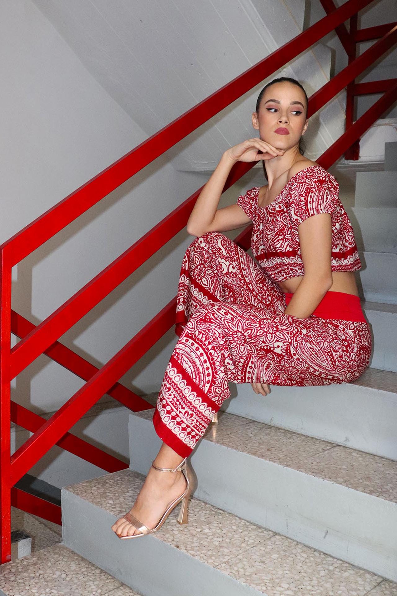 Red Mandala and Paisley Print Pants, Straight Fit Cropped Pants ...