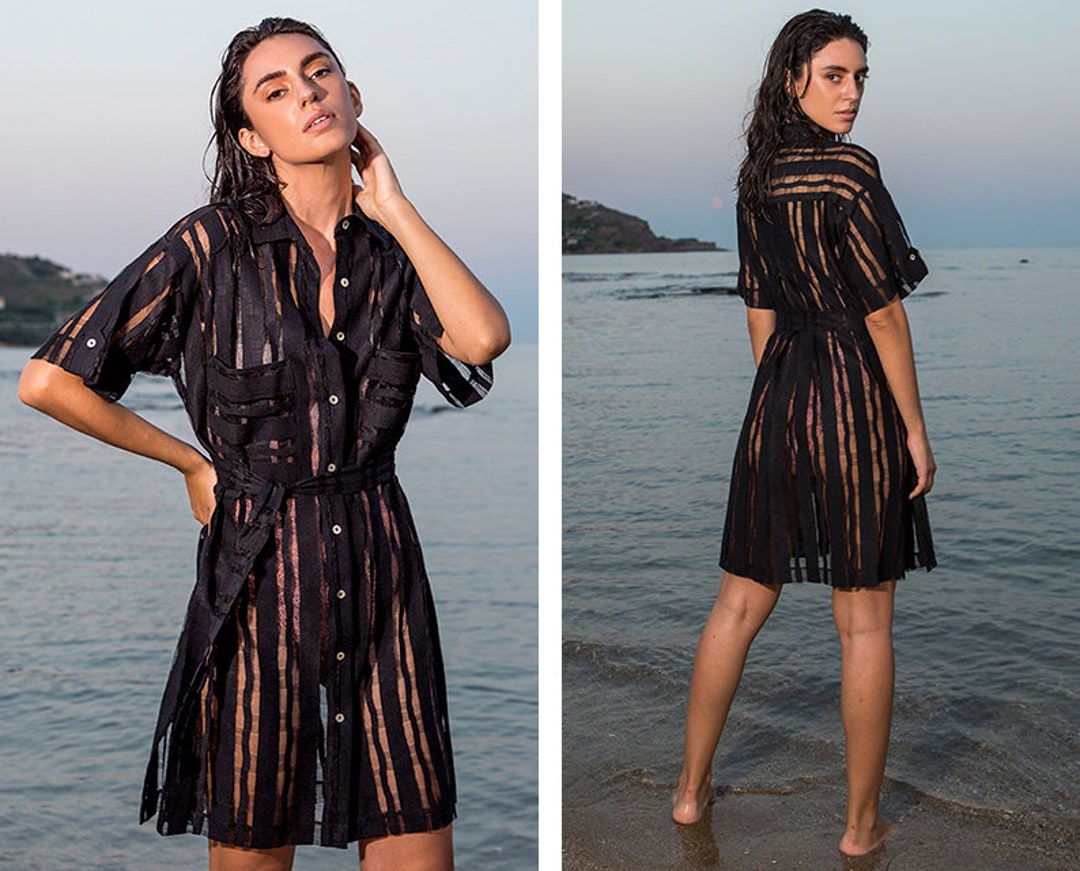 Black Sheer Shirtdress, See Through Beach Dress, Short Transparent ...