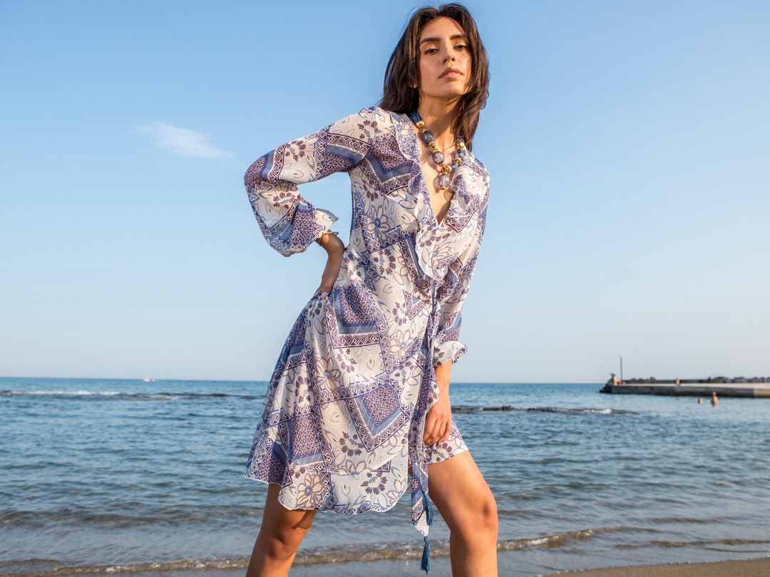 Blue Mini Sheer Dress Blue And White Porcelain Printed Dress Sheer Wrap Floral Dress Greek