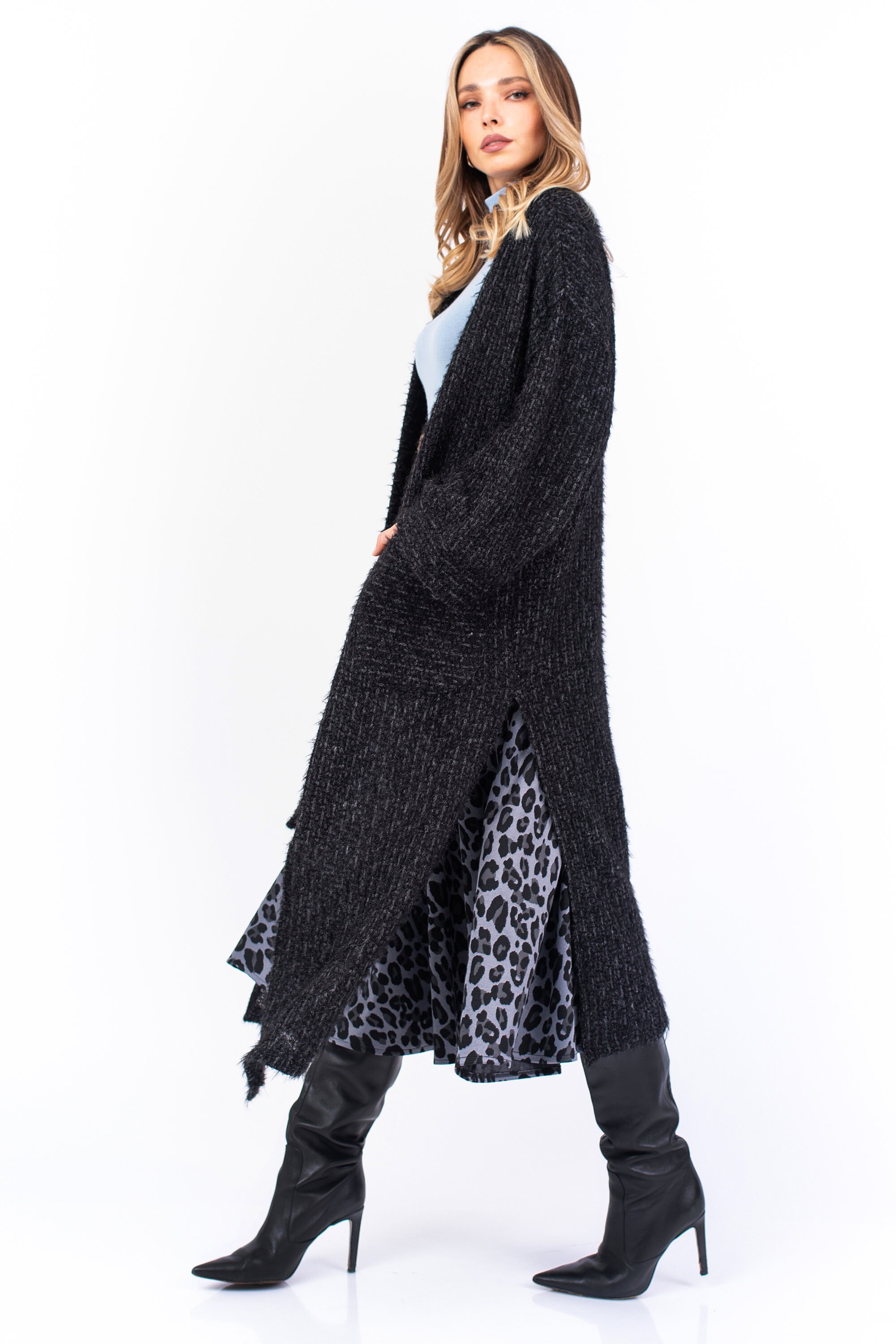 Plus Size Maxi Cardigan, Side High Slit Cardigan, Black Woolen Long ...