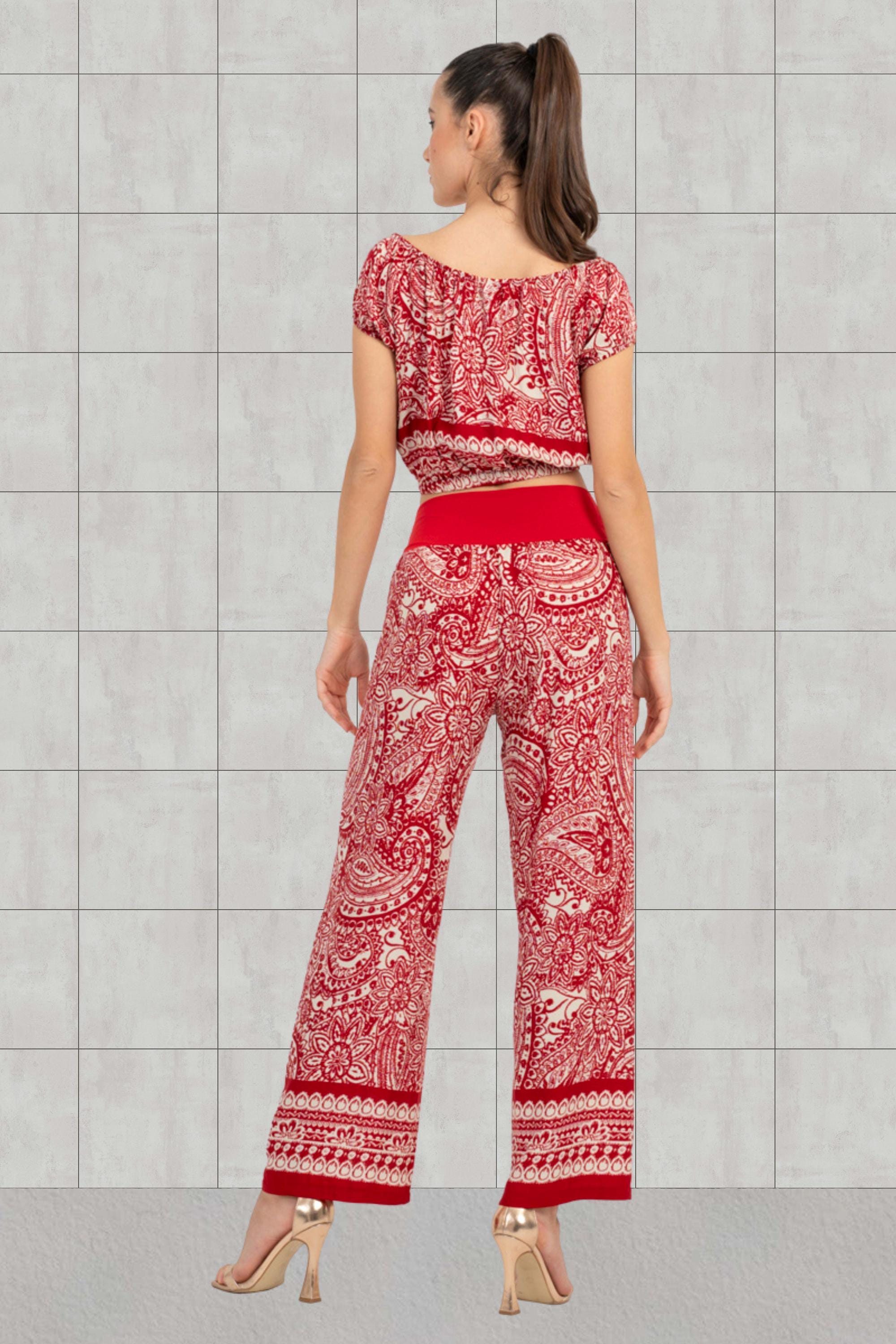 Red Mandala and Paisley Print Pants, Straight Fit Cropped Pants ...