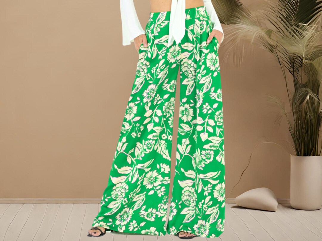 Green Floral Wide Leg Trousers, Loose Leg Satin Pants With Side Pockets ...