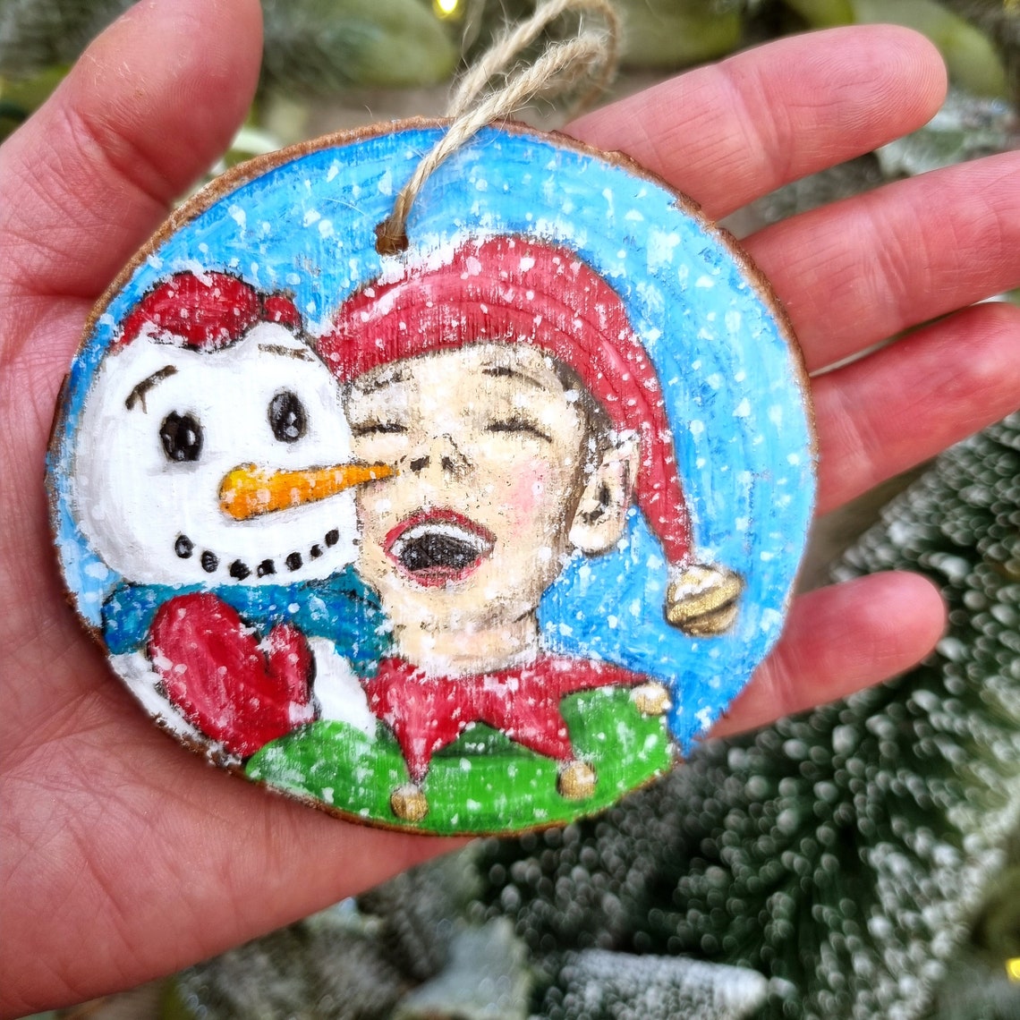 Snow Man and Elf Log Slice Christmas Wood Slice Hanging - Etsy