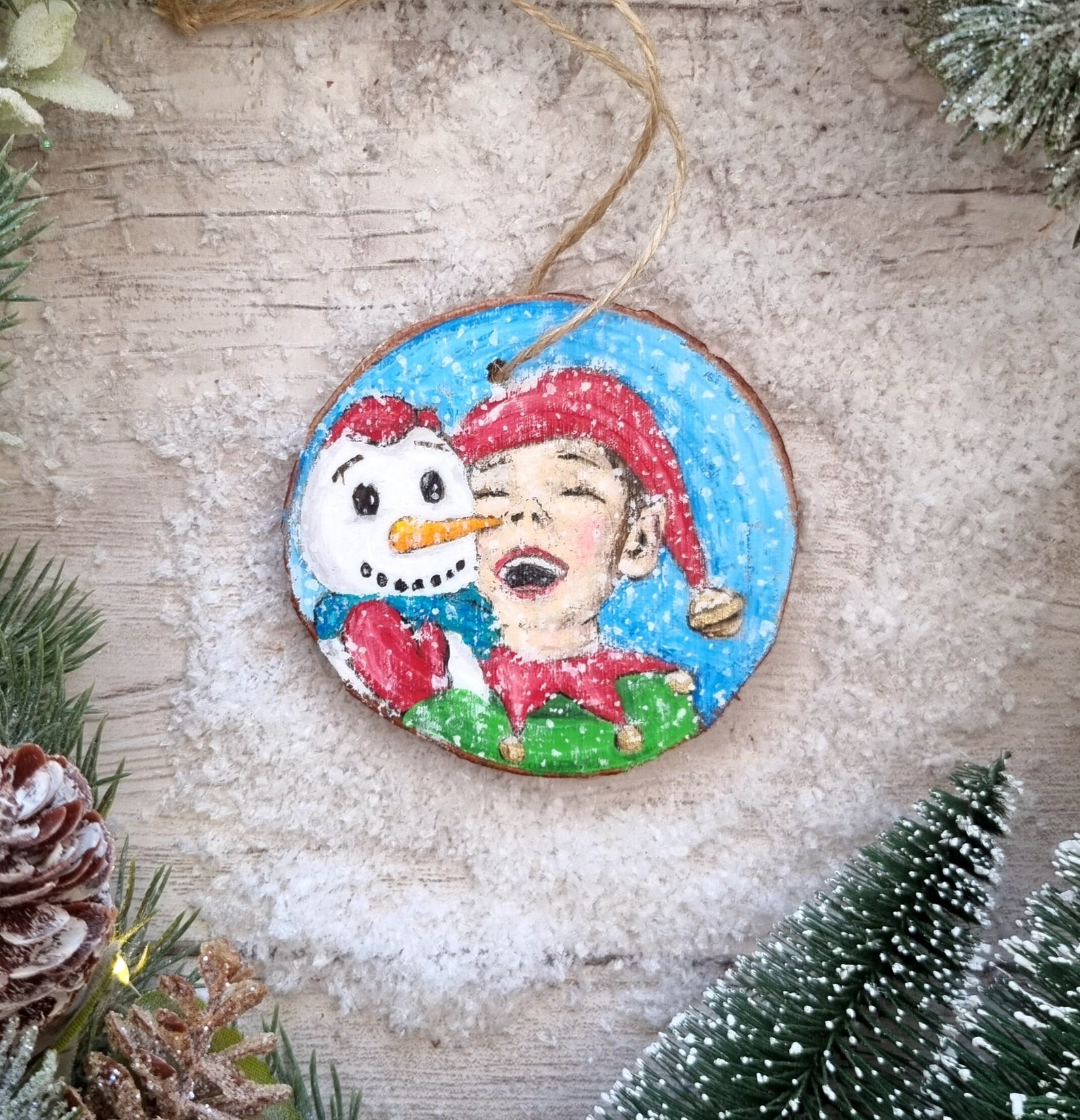 Snow Man and Elf Log Slice Christmas Wood Slice Hanging - Etsy
