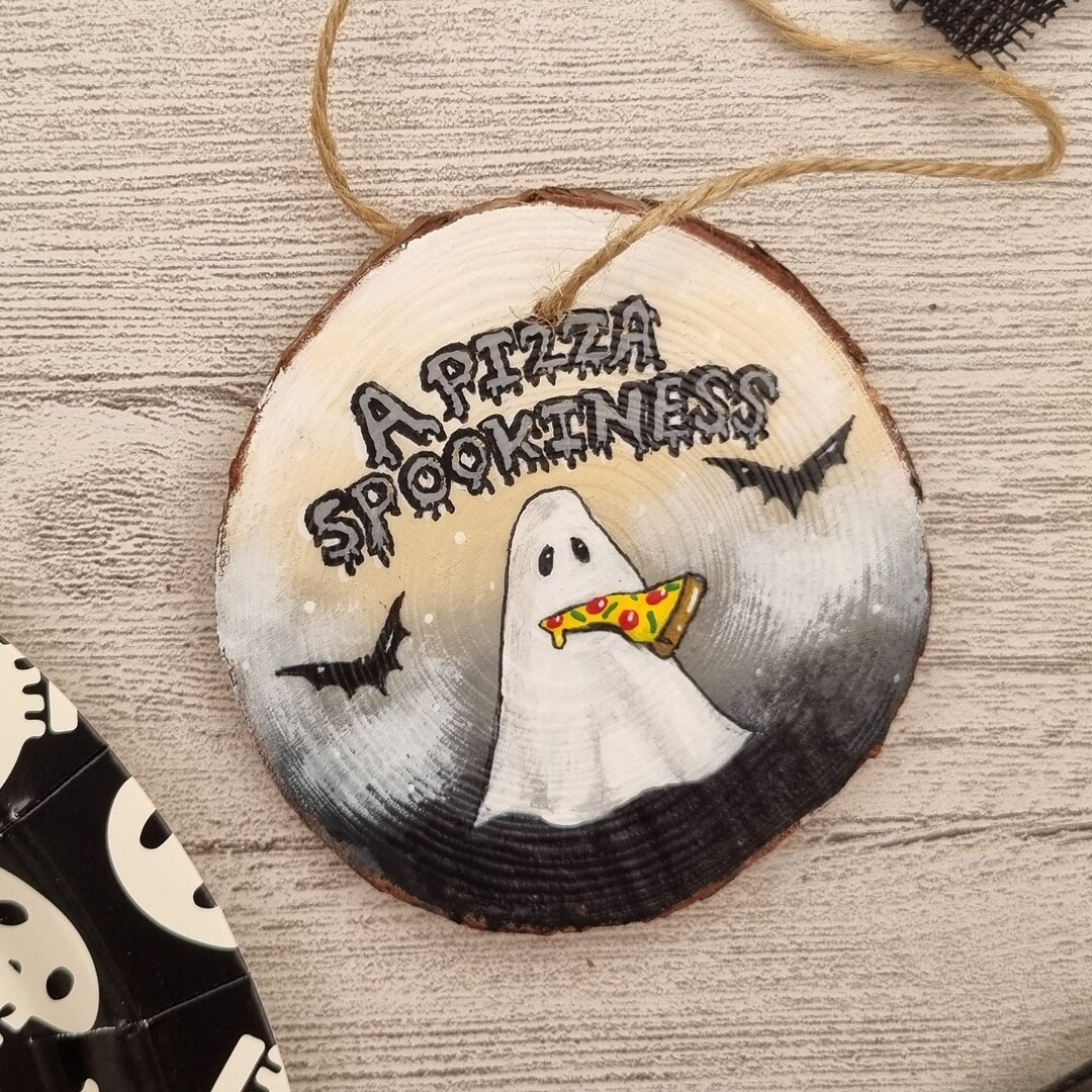 A Pizza Spookiness Ghost Log Slice Autumn Wood Slice Hanging Decoration ...