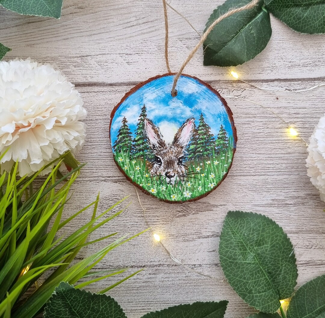Wild Rabbit Log Slice Rabbit Log Slice Bunny Hanging Decoration Nature ...