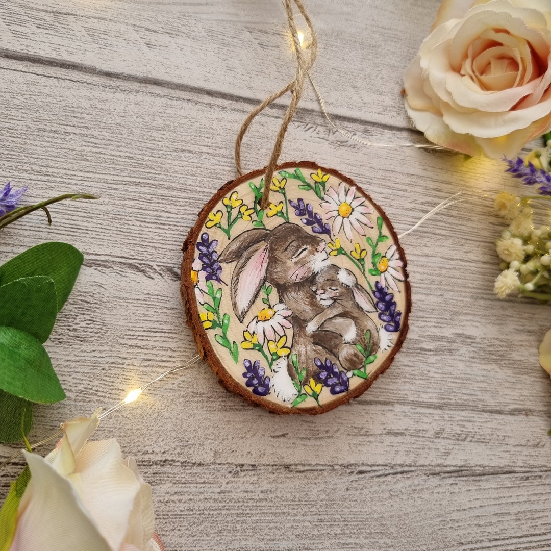 Bunny Mummy Log Slice Rabbit Log Slice Bunny Hanging Decoration Nature ...