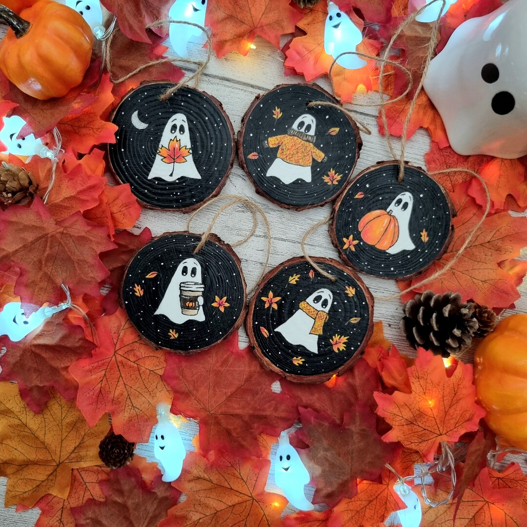 Halloween Ghost Wooden Log Slice - Maple Leaf Ghost - Jumper Ghost ...