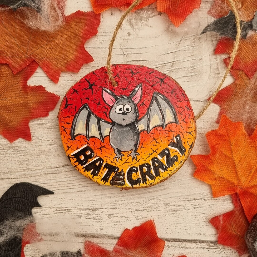 Bat Crazy Log Slice Autumn Wood Slice Hanging Decoration Spooky Log ...