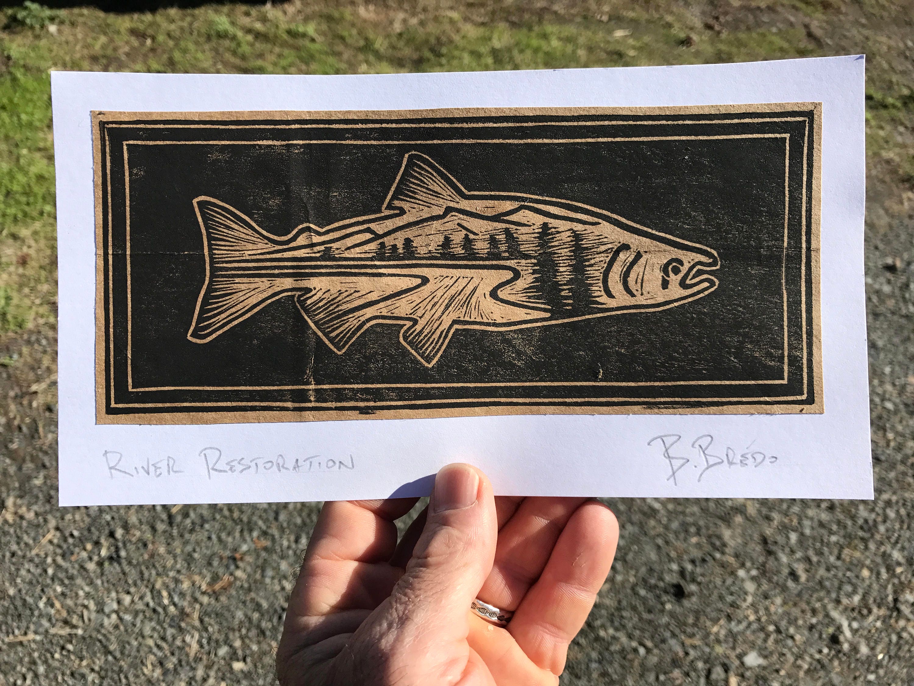 The Fish Salmon Landscape Block Print Linocut Ink on Brown Paper ...