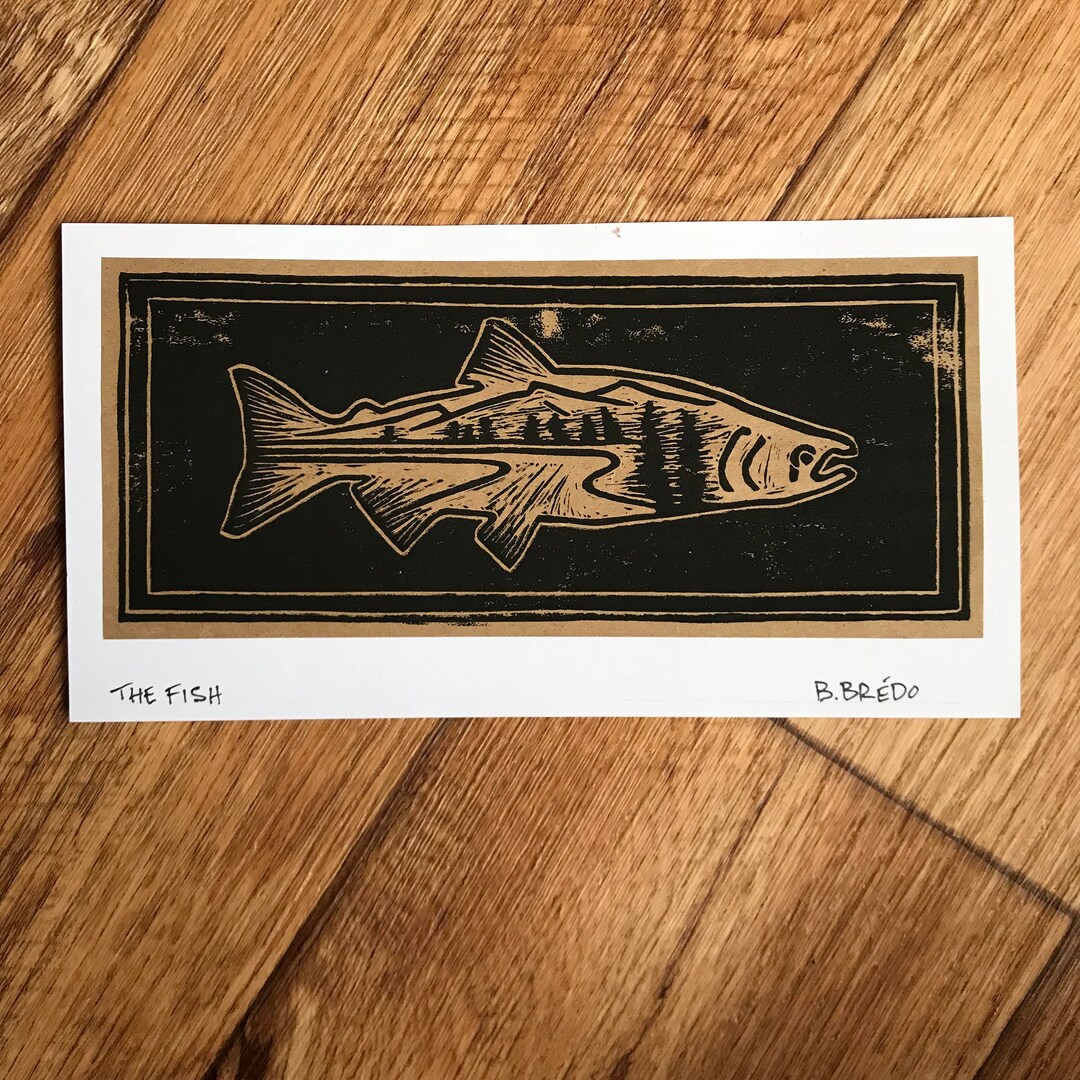 The Fish Salmon Landscape Block Print Linocut Ink on Brown Paper ...