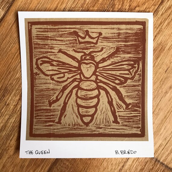 The Queen Honeybee Block Print Ink on Paper | Etsy