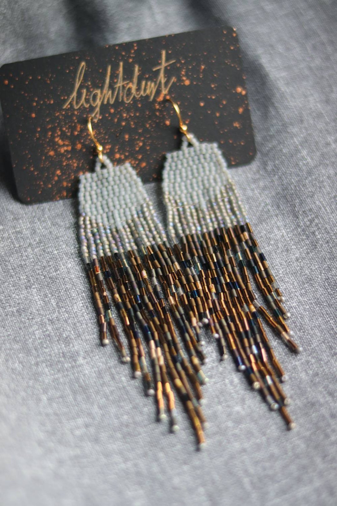 Golden/bronze Bugle Bead/amber/long Grey Fringe/earthy Color Seedbead ...