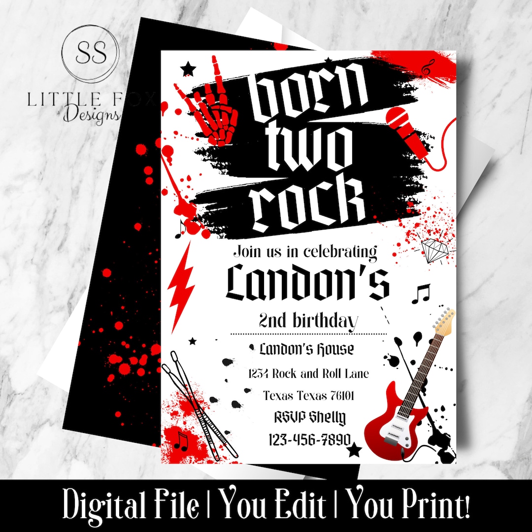 Born Two Rock Birthday Invitation, Boy Birthday Invite, Rock and Roll ...