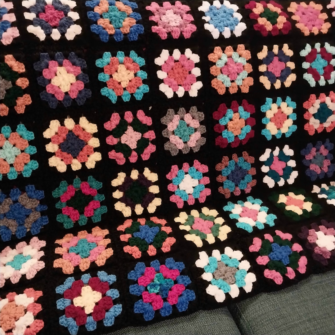 Vintage Style Granny Square Black Multi Color Throw Blanket - Etsy