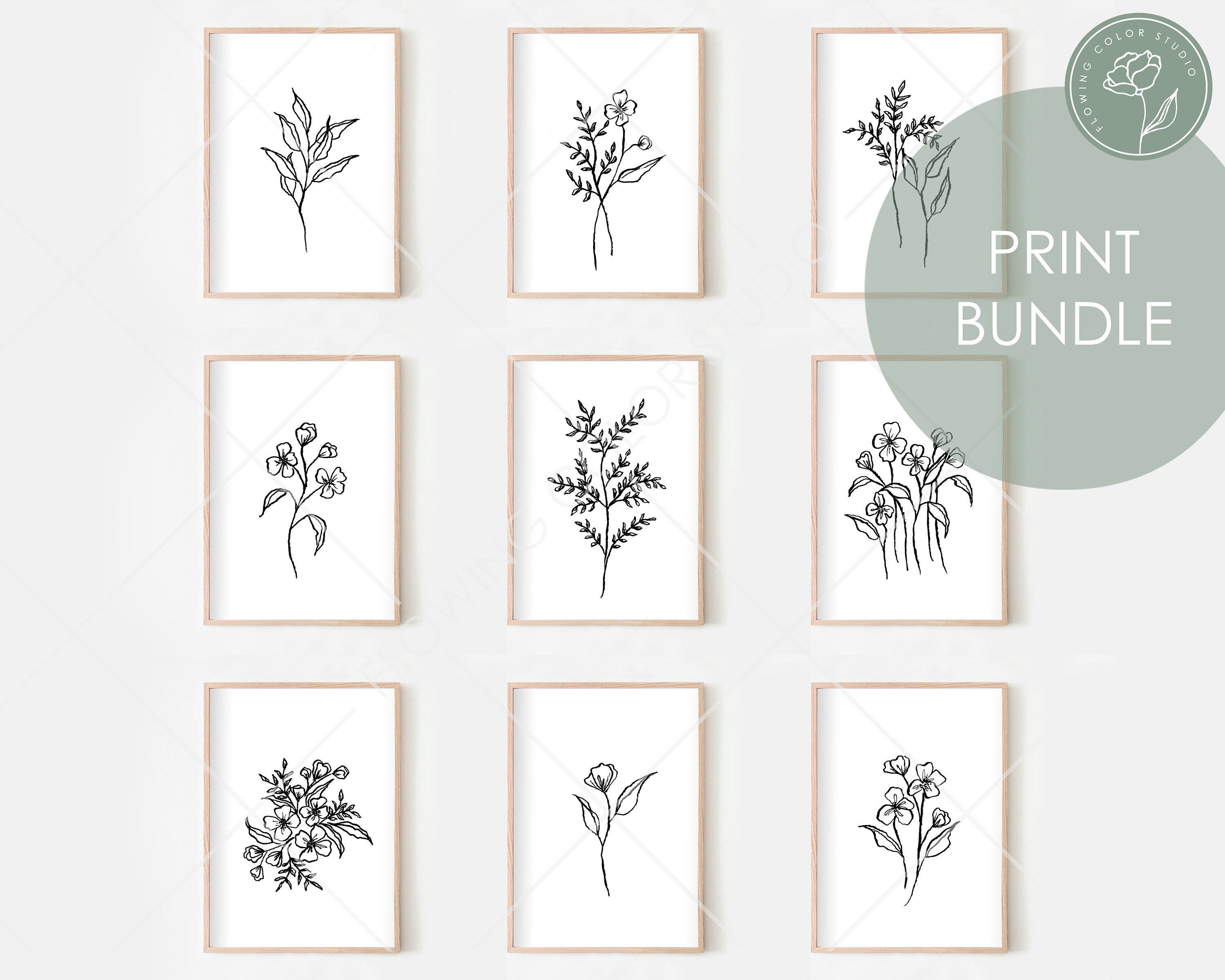 9 Print Bundle - Hand Drawn Dainty Flowers and Leaves - Digital ...