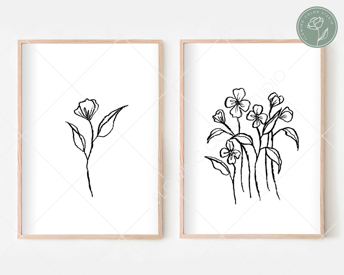 9 Print Bundle - Hand Drawn Dainty Flowers and Leaves - Digital ...