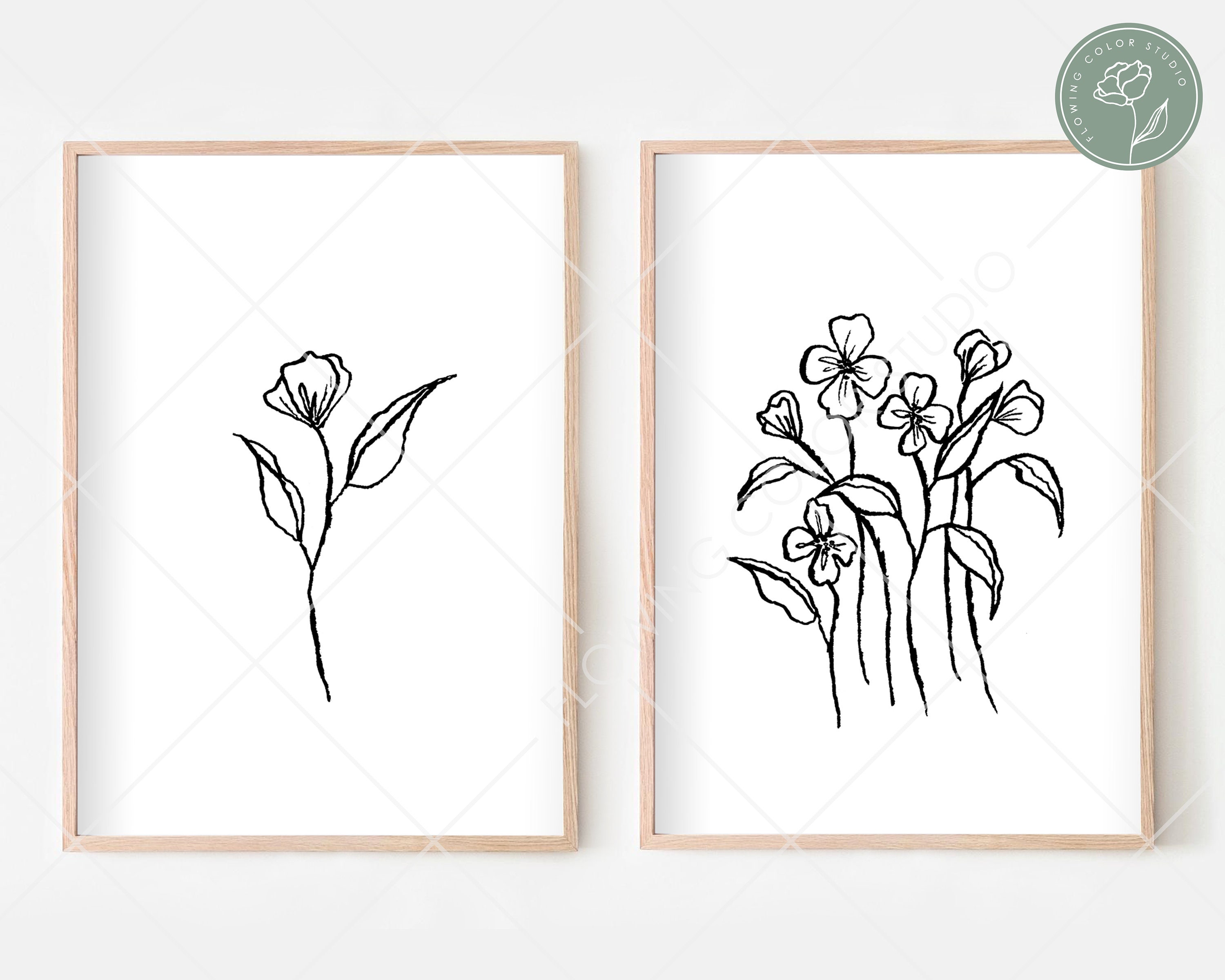 9 Print Bundle - Hand Drawn Dainty Flowers and Leaves - Digital ...