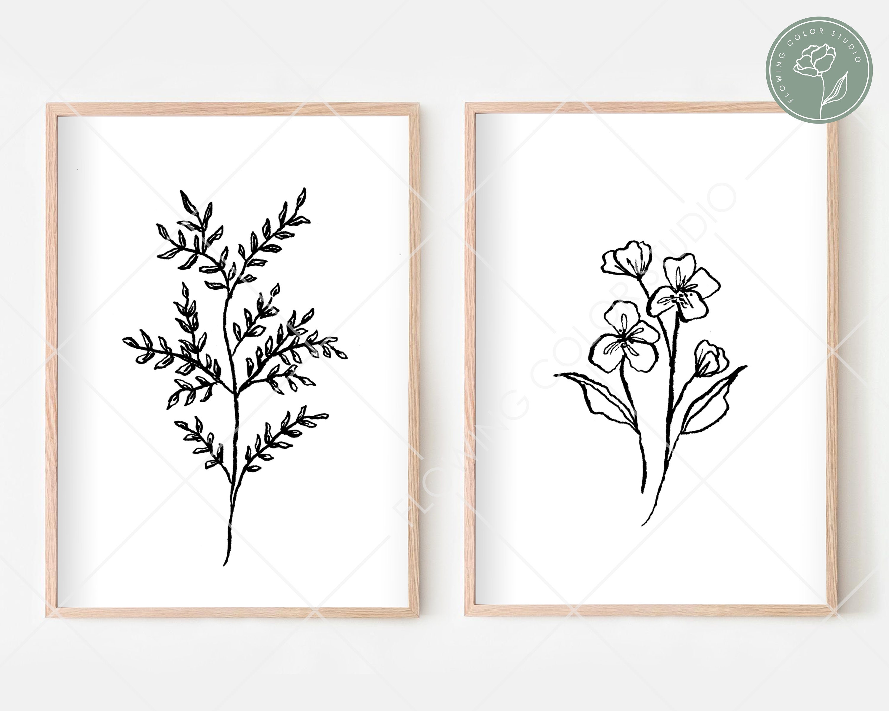 9 Print Bundle - Hand Drawn Dainty Flowers and Leaves - Digital ...