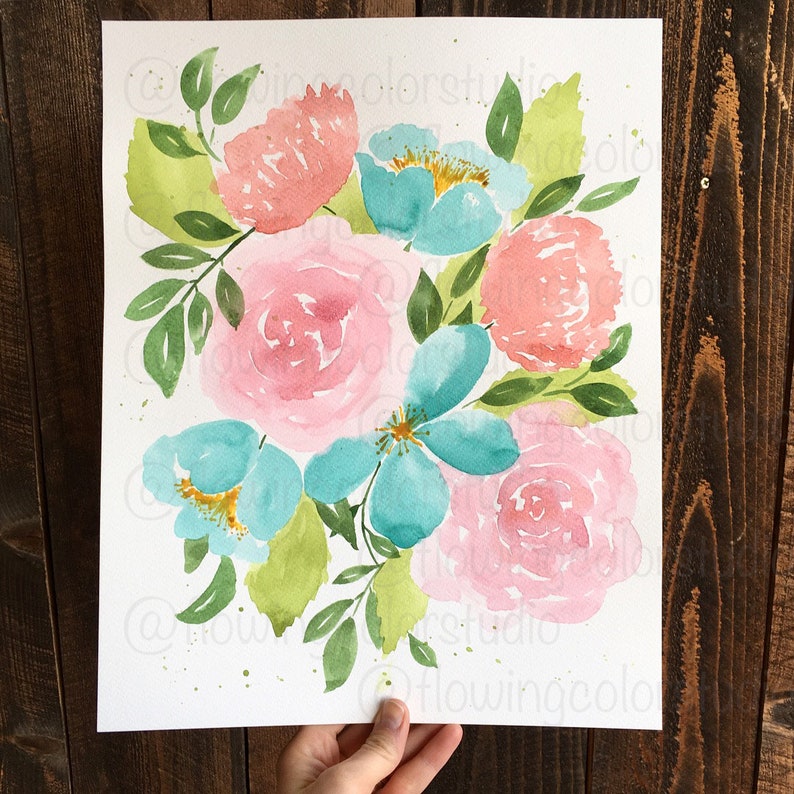 Teal, Pink and Coral Watercolor Flowers - Digital Download - Wall Art ...