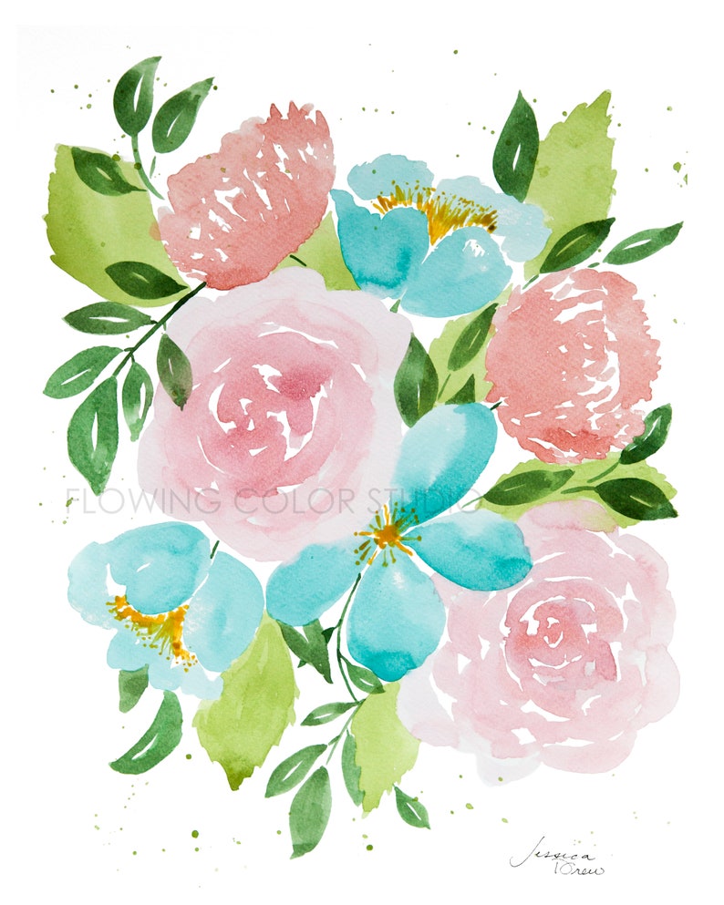 Teal, Pink and Coral Watercolor Flowers - Digital Download - Wall Art ...