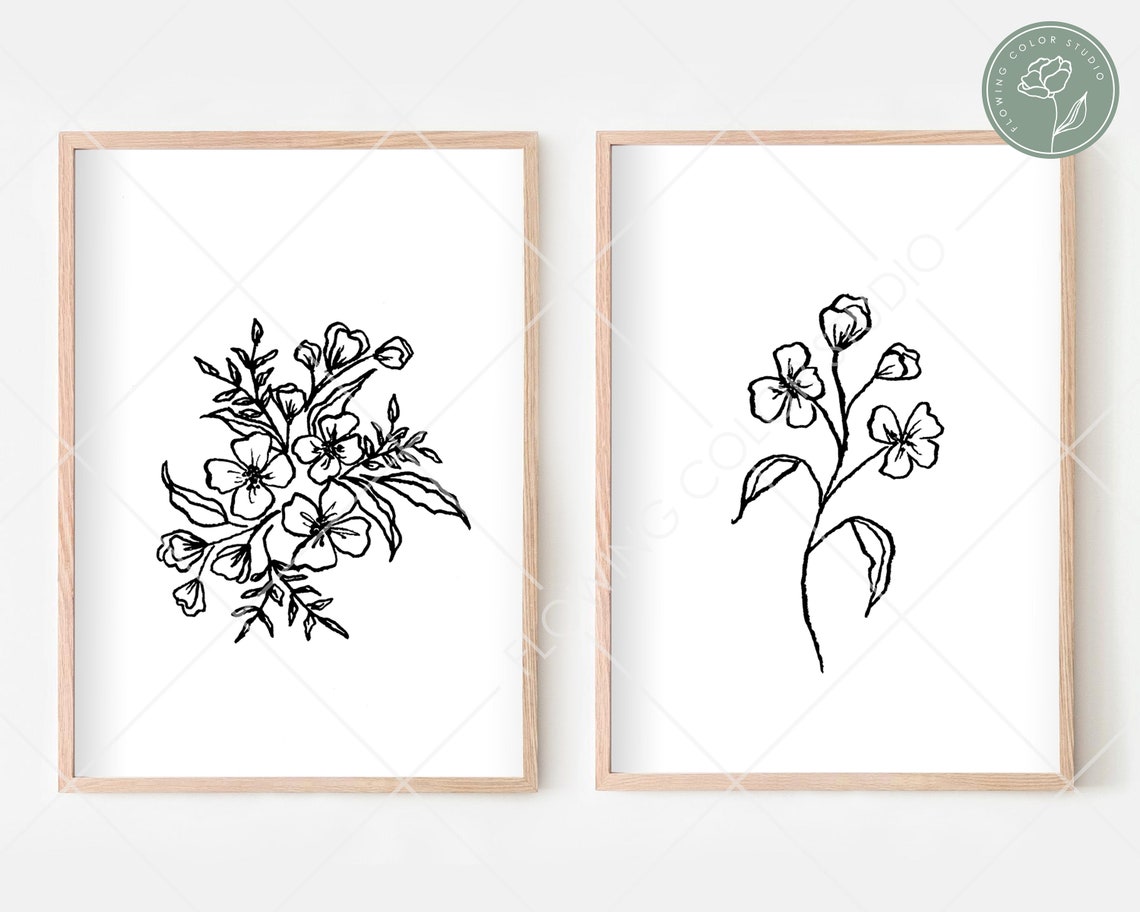9 Print Bundle - Hand Drawn Dainty Flowers and Leaves - Digital ...