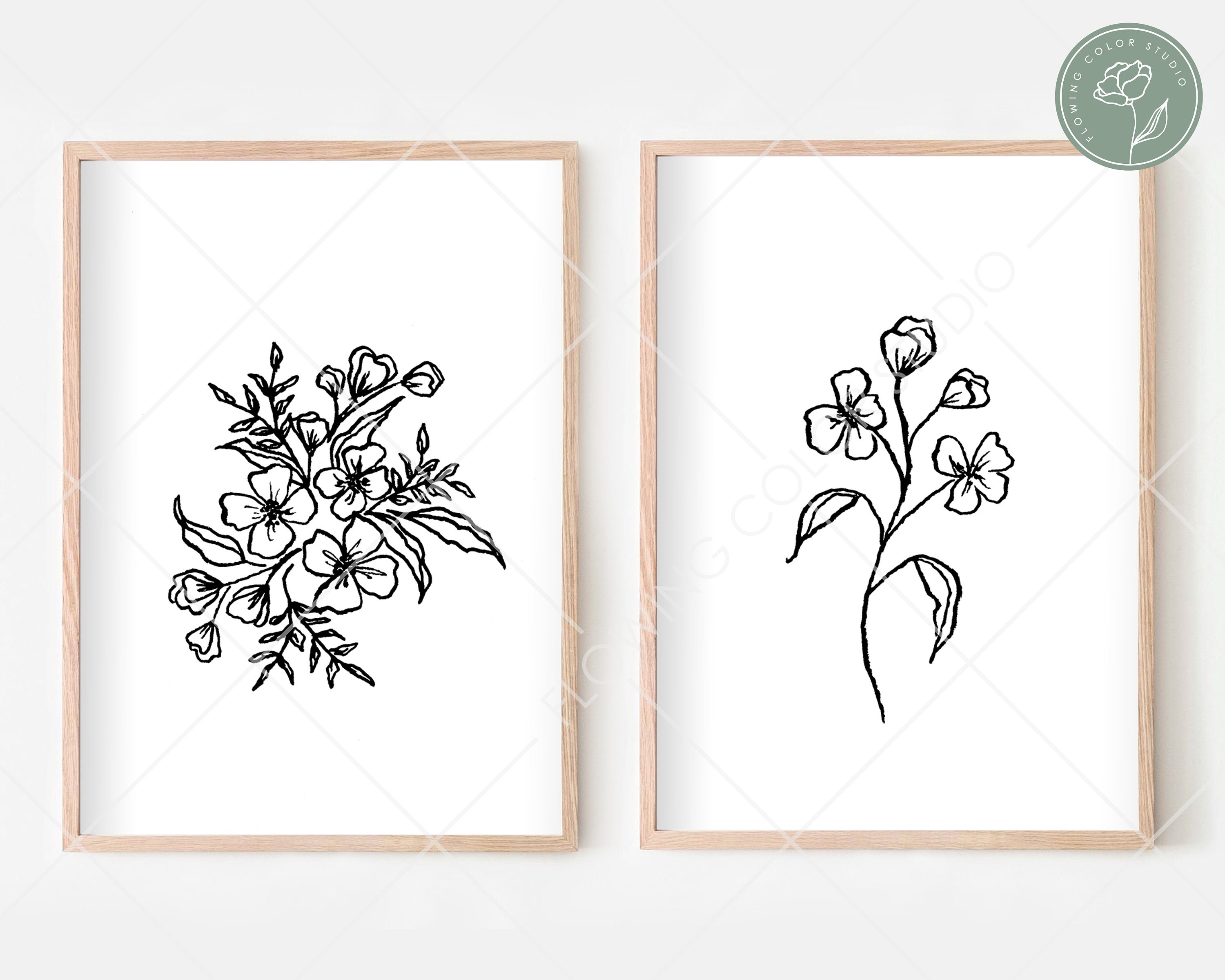 9 Print Bundle - Hand Drawn Dainty Flowers and Leaves - Digital ...