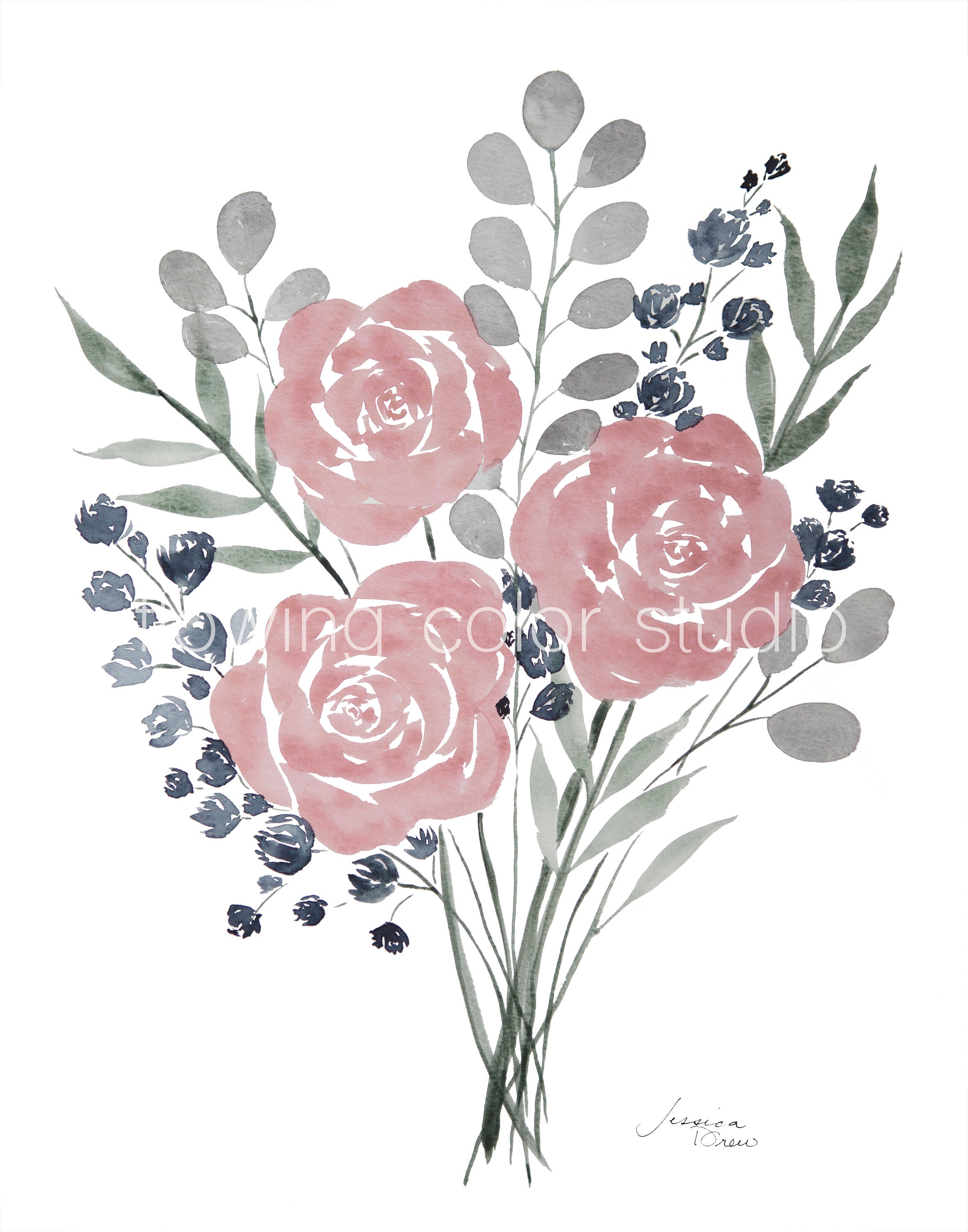 Rosa polvorienta, azul marino y ramo floral gris - Etsy España