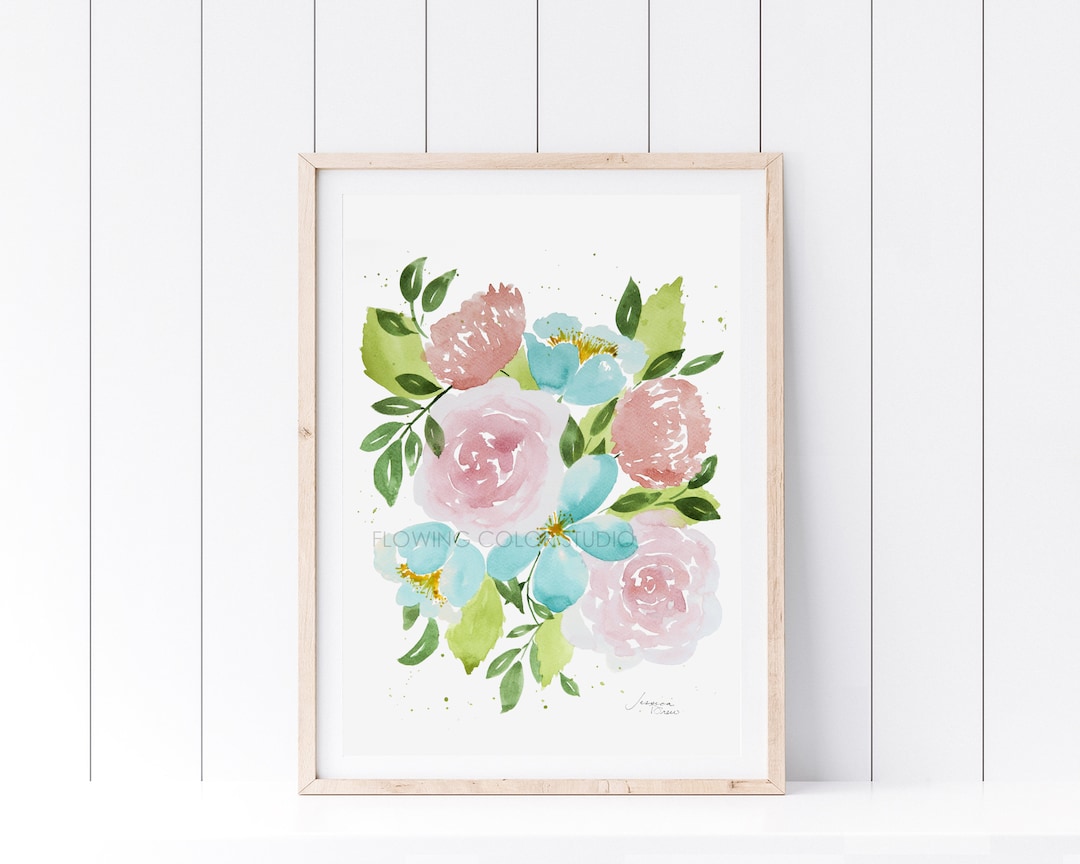 Teal, Pink and Coral Watercolor Flowers - Digital Download - Wall Art ...