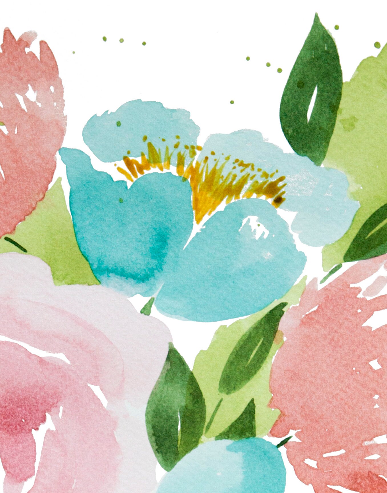 Teal, Pink and Coral Watercolor Flowers - Digital Download - Wall Art ...