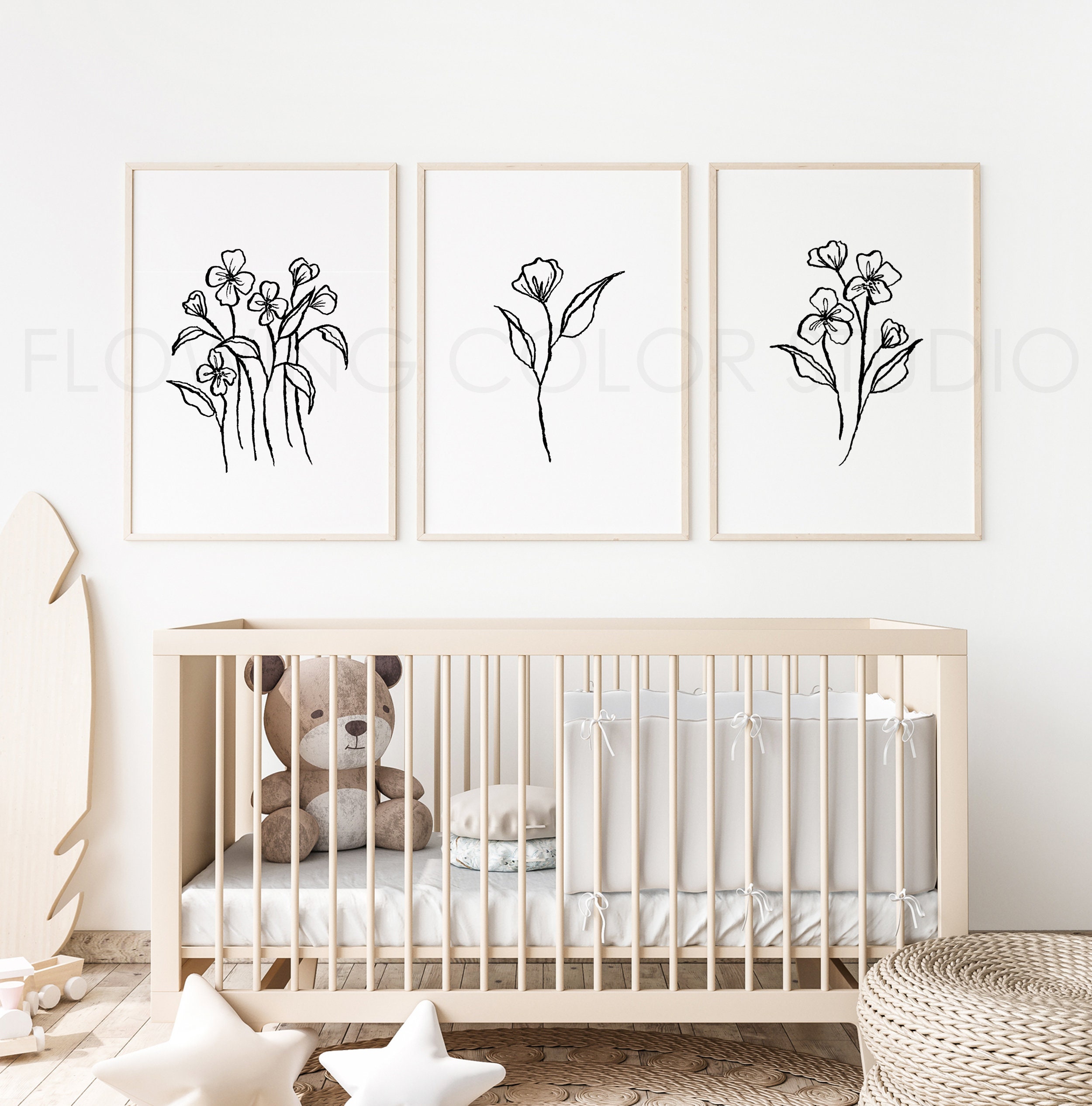 9 Print Bundle - Hand Drawn Dainty Flowers and Leaves - Digital ...