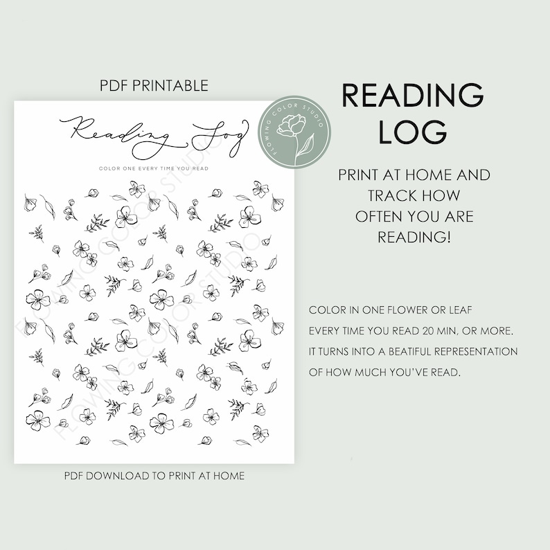 Floral Reading Log Coloring Page - Instant Download Printable, Letter ...