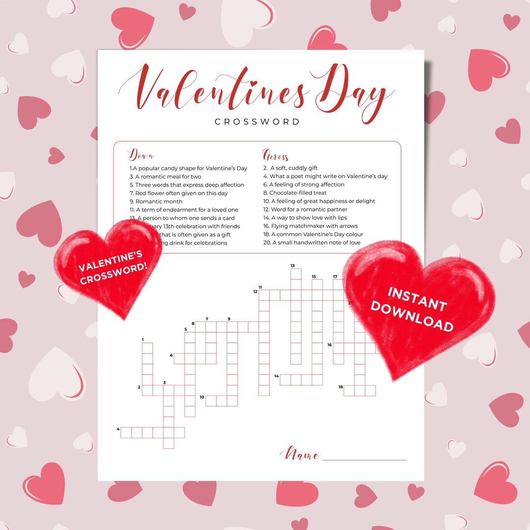 Valentines Crossword Puzzle Game | Printable Instant Download ...