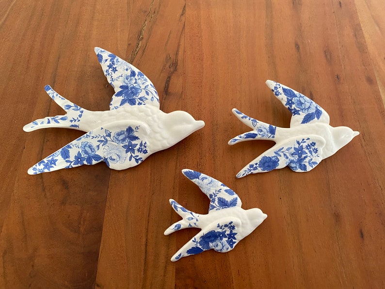 Retro Floral Blue Birds, Ceramic Wall Decor, Set of 3 - Etsy