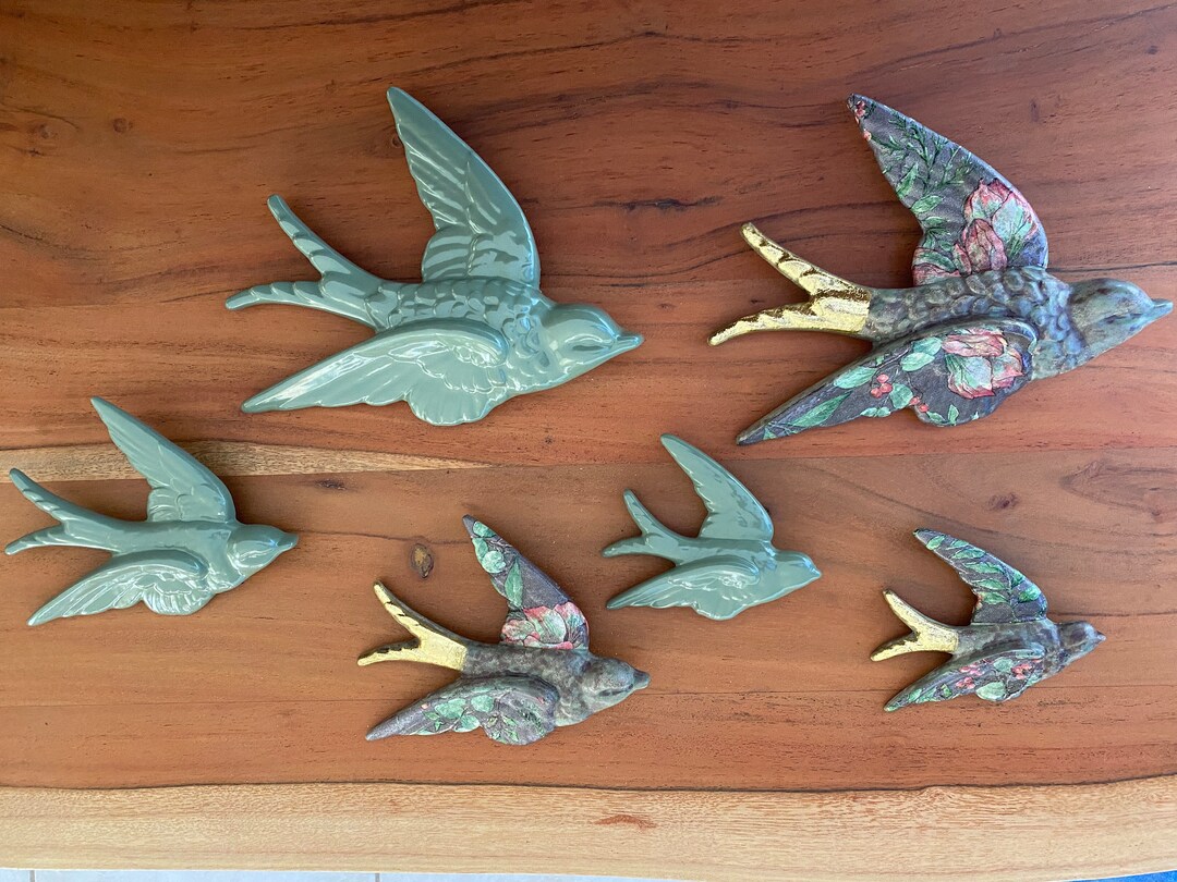 Set of 6 Green Gold Flying Birds Hanging Retro Vintage Style Ornament ...