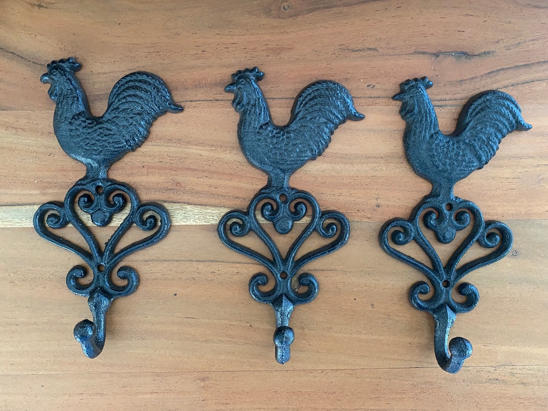 Set of 3 Large Decorative Outdoor Indoor Rooster Hooks Cast Iron Double Farmhouse Kitchen Hook ...