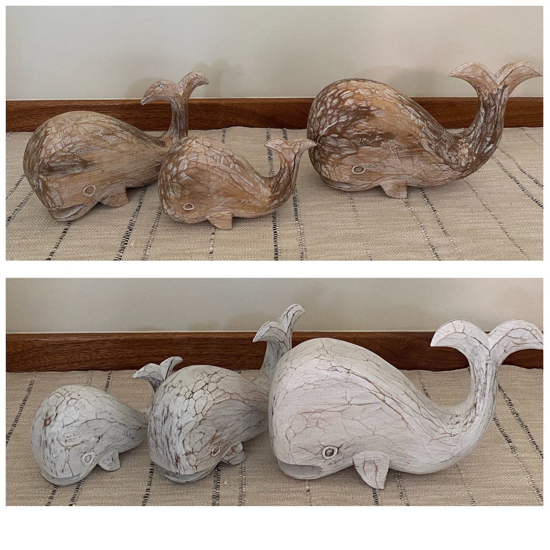 Set 3 Coastal Wooden Sitting Moby Whales /whale Statue Distress ...