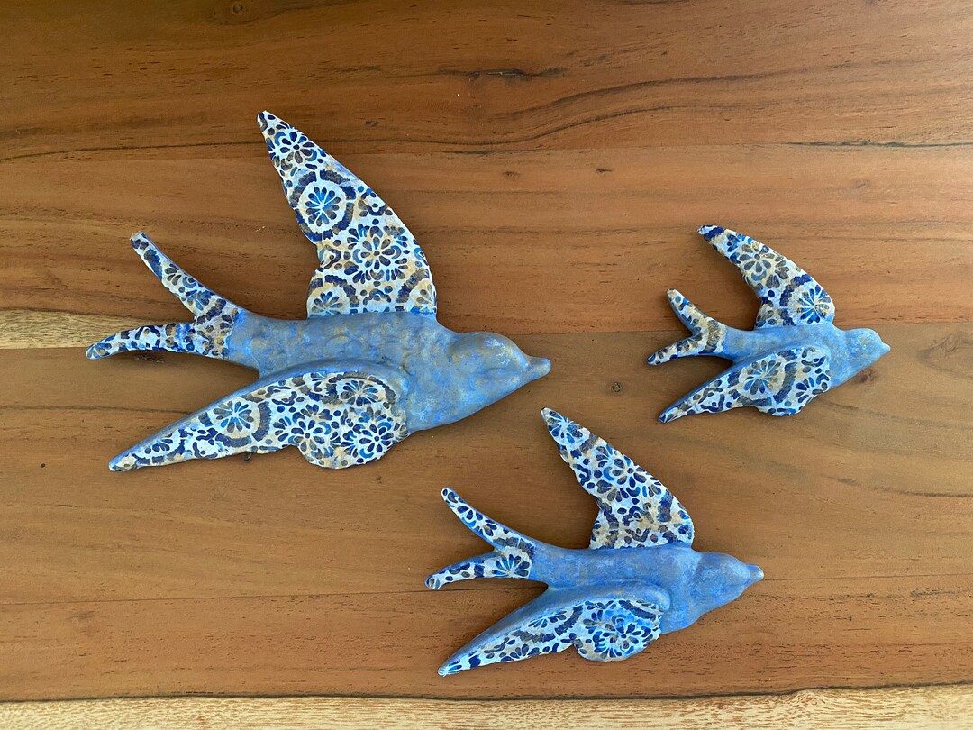 Set of 3 Blue Gold Seamless Flying Birds Hanging Retro Vintage Style ...