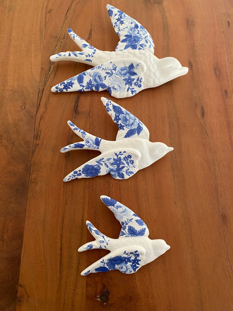 Retro Floral Blue Birds, Ceramic Wall Decor, Set of 3 - Etsy