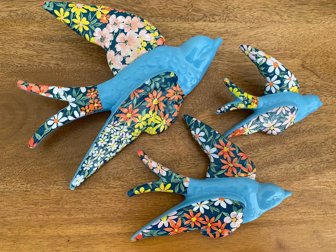 Set of 3 Blue Floral Flying Birds Hanging Vintage Style Swallow Wall ...