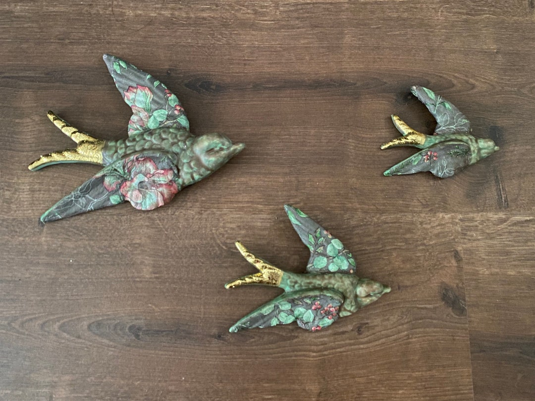 Set of 3 Brown Gold Flying Birds Hanging Retro Vintage Style Decorative ...
