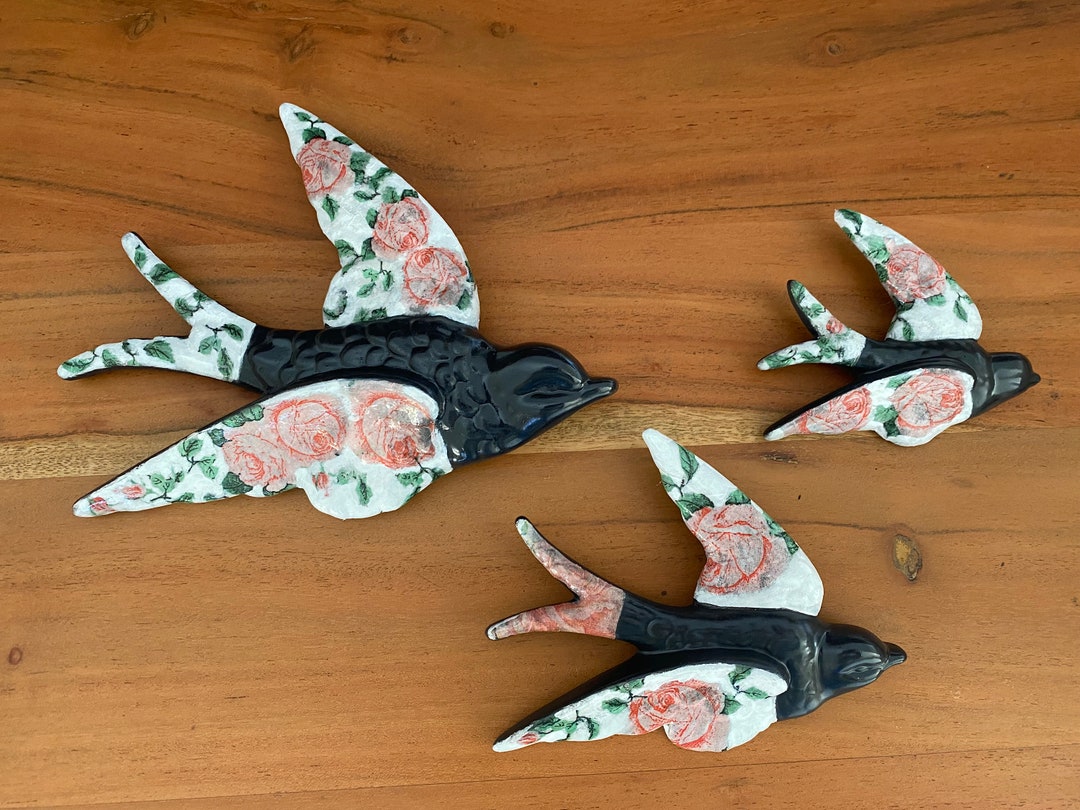 Set of 3 Charcoal Floral Flying Birds Hanging Retro Vintage Style ...