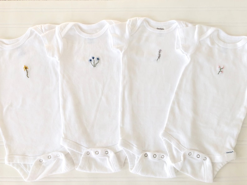 Cotton Onesie Floral Gift SET OF 4 Sunflower Hand Embroidery, Light ...