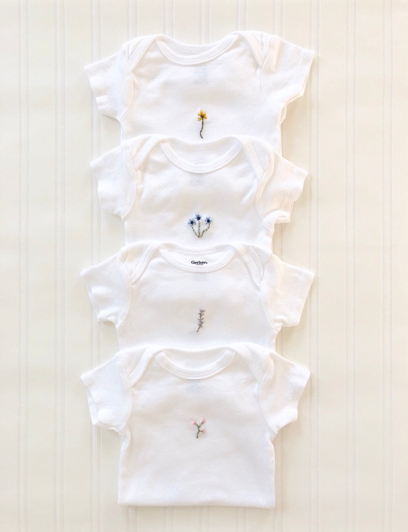 Cotton Onesie Floral Gift SET OF 4 Sunflower Hand Embroidery, Light ...