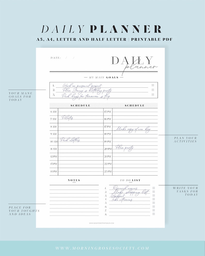 Daily Planner Printable A4 A5 Letter and Half Letter Size - Etsy