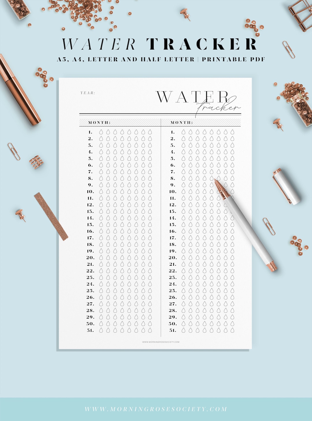 Printable Water Tracker Template. A4, A5, Letter and Half Letter Size ...