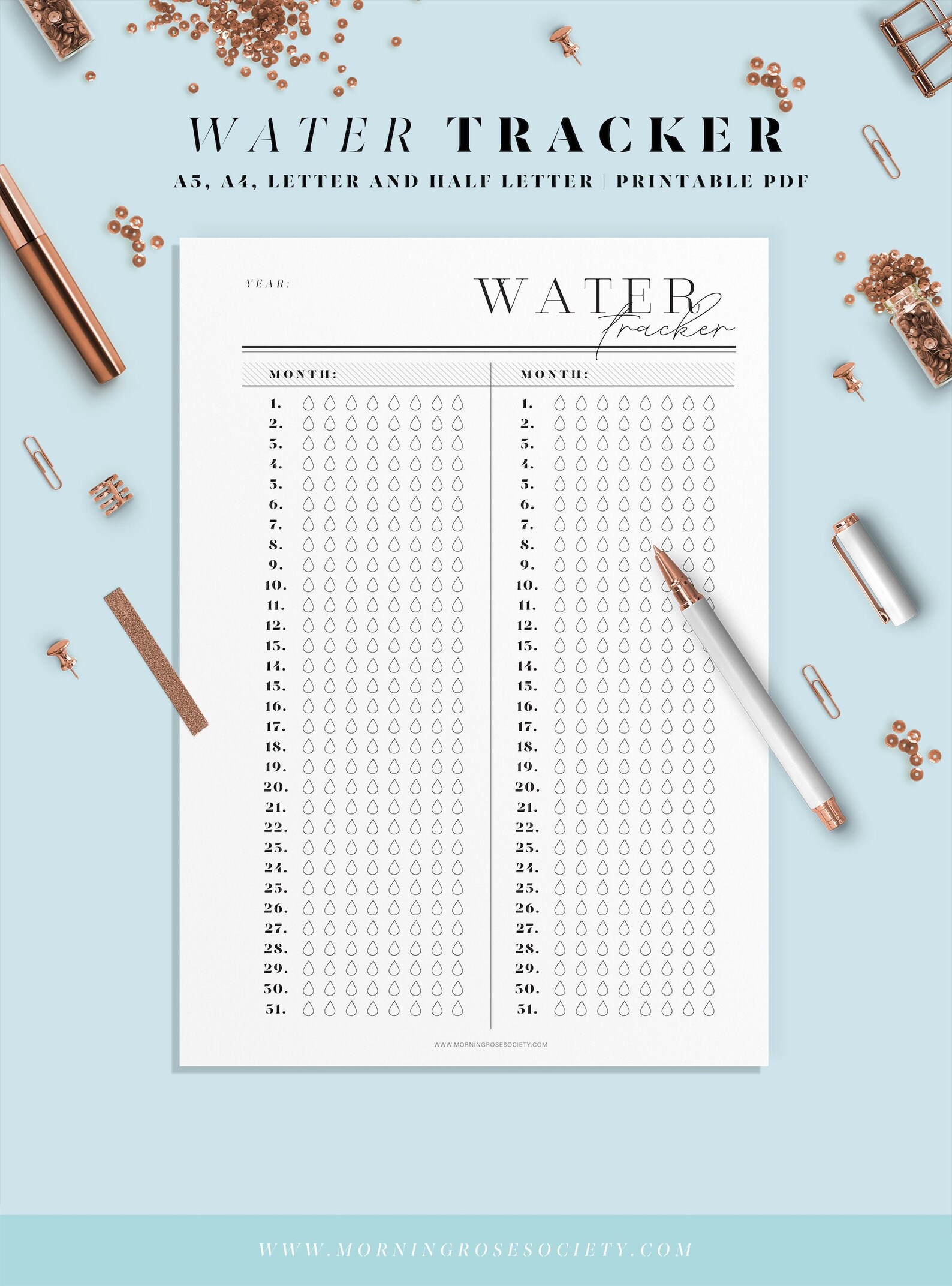 Printable Water Tracker Template. A4, A5, Letter and Half Letter Size ...