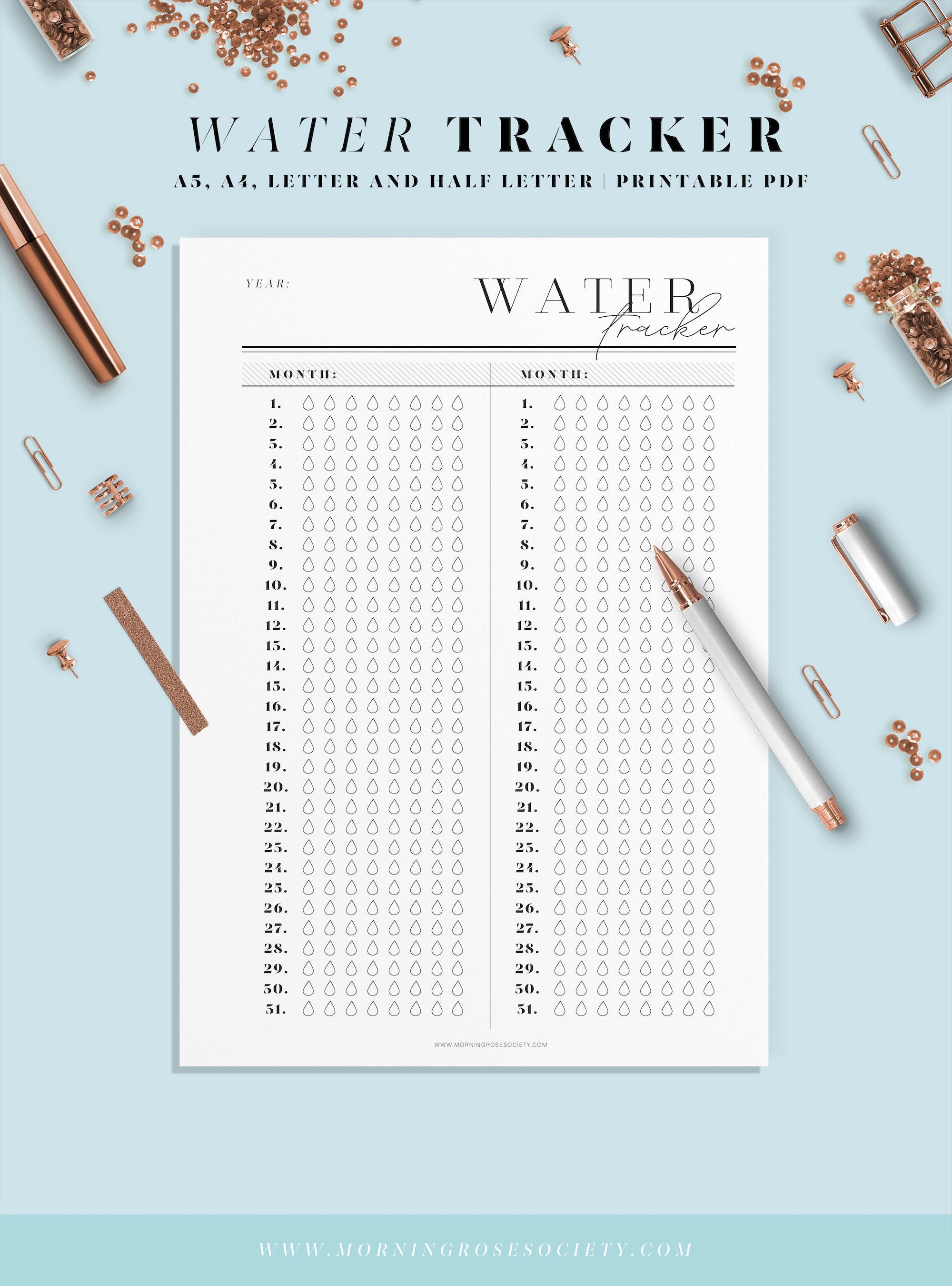Printable Water Tracker Template. A4, A5, Letter and Half Letter Size ...