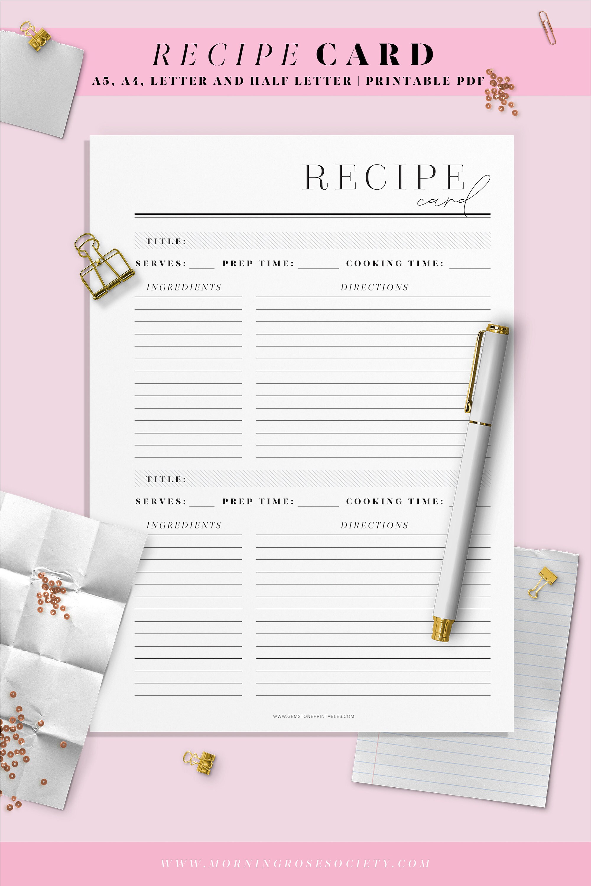 Recipe Card Template. Printable Planner A4, A5, Letter and Half Letter ...