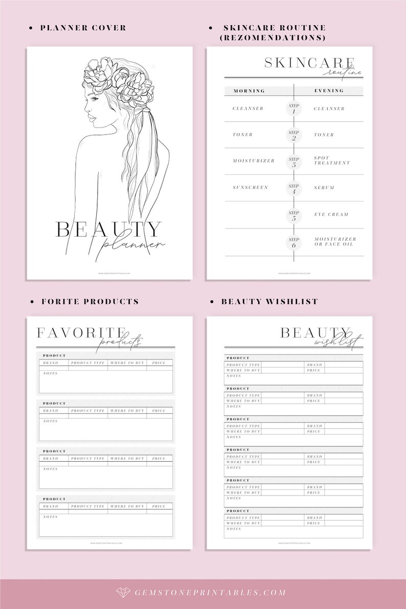 Beauty routine printable planner. Self care journal. Skincare | Etsy
